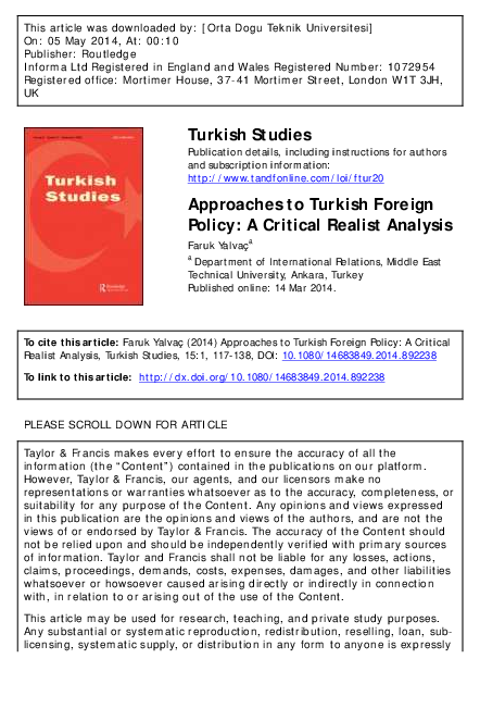 (PDF) Approaches to Turkish Foreign Policy: A Critical Realist Analysis