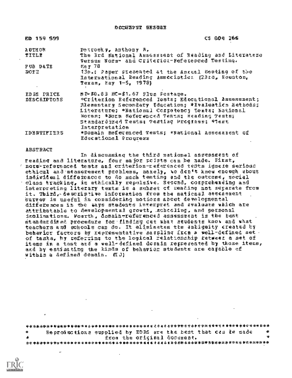Pdf The 3rd National Assessment Of Reading And Literature Versus Norm And Criterion