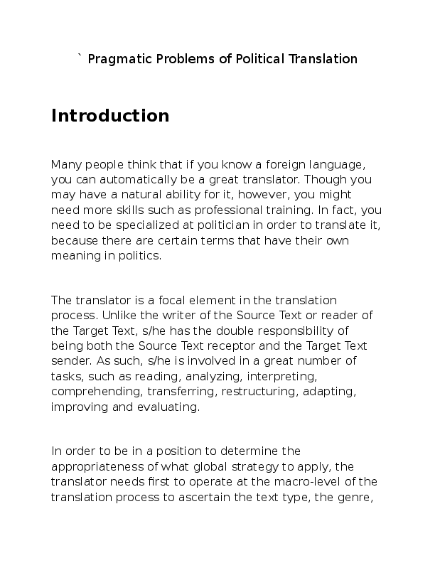 (DOC) ` Pragmatic Problems of Political Translation