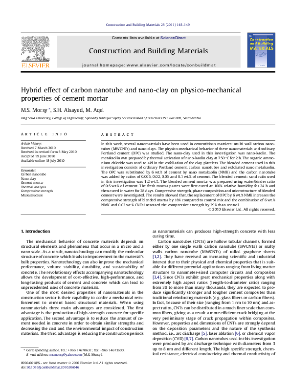 (PDF) Hybrid effect of carbon nanotube and nano-clay on physico-mechanical properties of cement ...