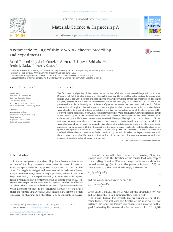 Pdf Asymmetric Rolling Of Thin Aa 5182 Sheets Modelling And Experiments
