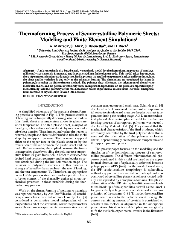 (PDF) Thermoforming process of semicrystalline polymeric sheets: Modeling and finite element ...
