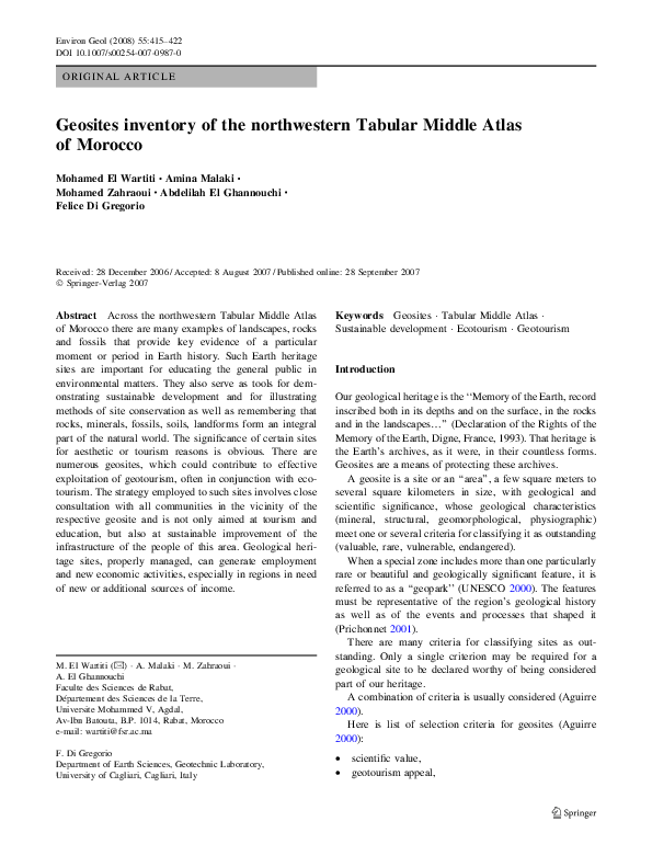 (PDF) Geosites inventory of the northwestern Tabular Middle Atlas of ...