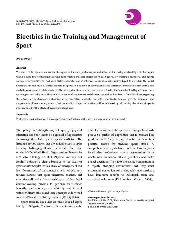 (PDF) Bioethics in the Training and Management of Sport