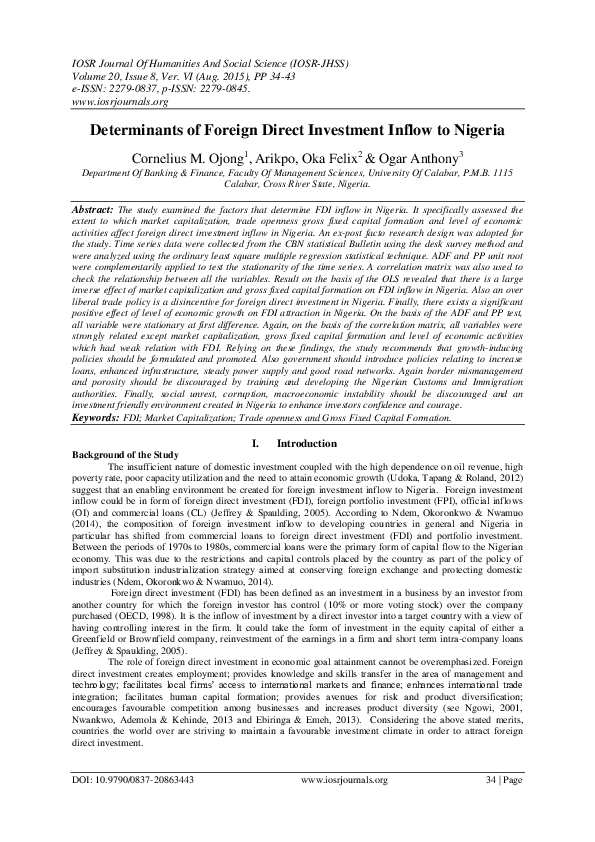 (PDF) Determinants of Foreign Direct Investment Inflow to Nigeria