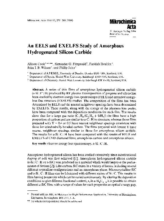 (PDF) An EELS and EXELFS study of amorphous hydrogenated silicon carbide
