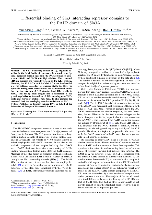 (PDF) Differential binding of Sin3 interacting repressor domains to the ...
