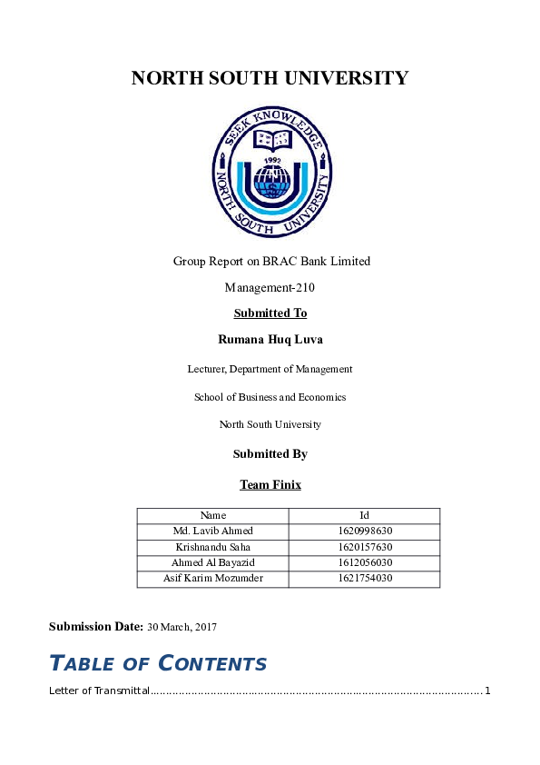 (DOC) Group Report on BRAC Bank Limited Management-210 Submitted To