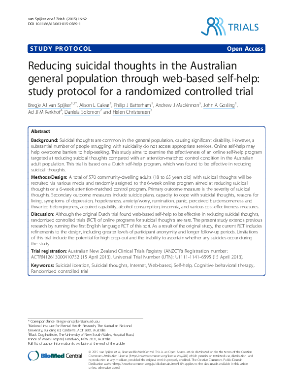 (PDF) Reducing suicidal thoughts in the Australian general population ...