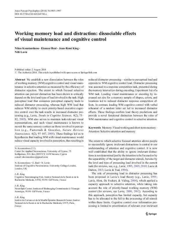 Pdf Working Memory Load And Distraction Dissociable Effects Of