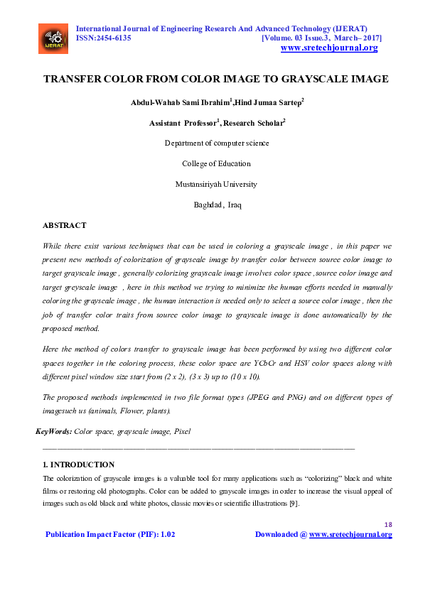 (PDF) TRANSFER COLOR FROM COLOR IMAGE TO GRAYSCALE IMAGE