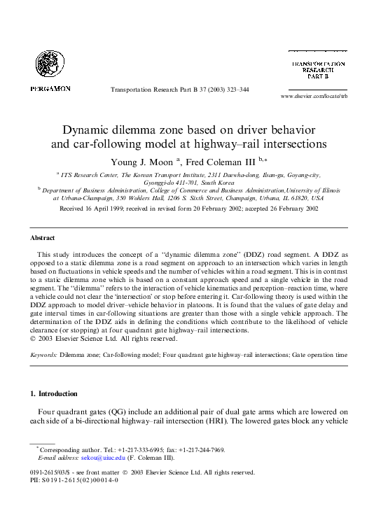 Pdf Dynamic Dilemma Zone Based On Driver Behavior And Car Following