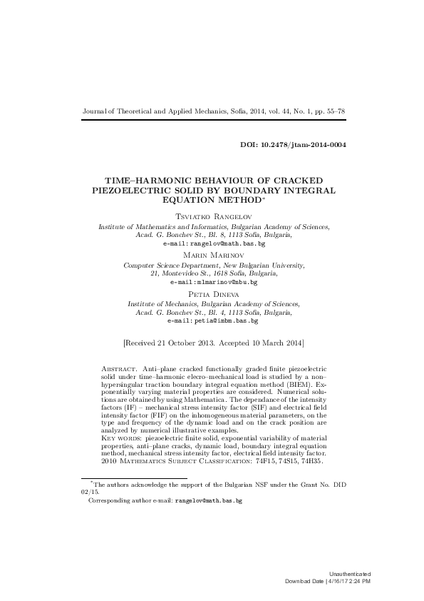 (PDF) Time–Harmonic Behaviour of Cracked Piezoelectric Solid by Boundary Integral Equation Method
