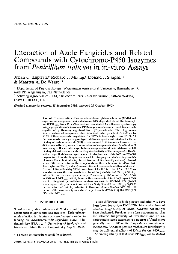 (PDF) Interaction of azole fungicides and related compounds with ...