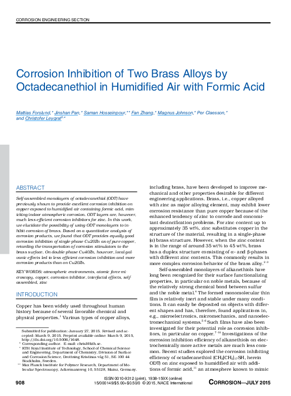 (PDF) The atmospheric corrosion inhibition of octadecanethiol adsorbed ...