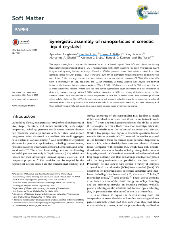 (PDF) Synergistic assembly of nanoparticles in smectic liquid crystals ...