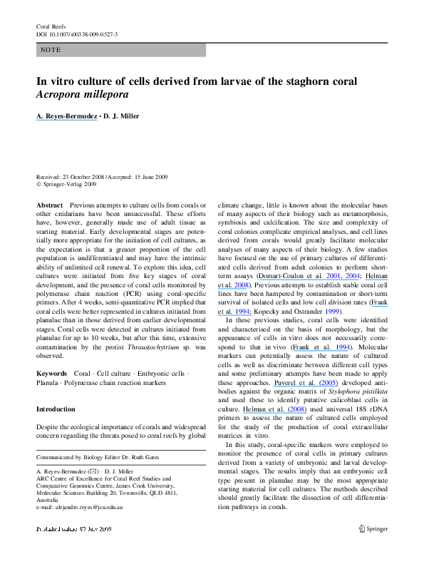 (PDF) In vitro culture of cells derived from larvae of the staghorn ...