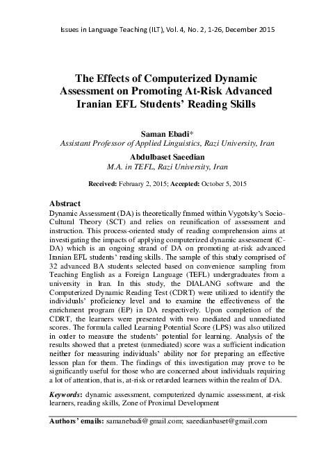 (PDF) The Effects of Computerized Dynamic Assessment on Promoting At-Risk Advanced Iranian EFL ...