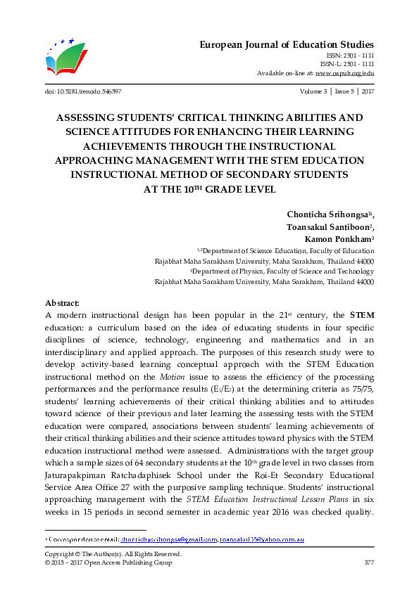 (PDF) ASSESSING STUDENTS’ CRITICAL THINKING ABILITIES AND SCIENCE ATTITUDES FOR ENHANCING THEIR ...