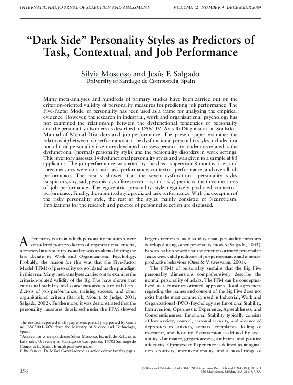 (PDF) Dark Side" Personality Styles as Predictors of Task, Contextual ...