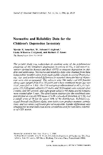 (PDF) Normative and reliability data for the children's depression inventory