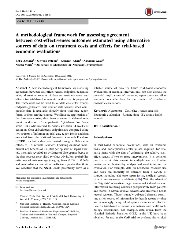(PDF) A methodological framework for assessing agreement between cost-effectiveness outcomes ...