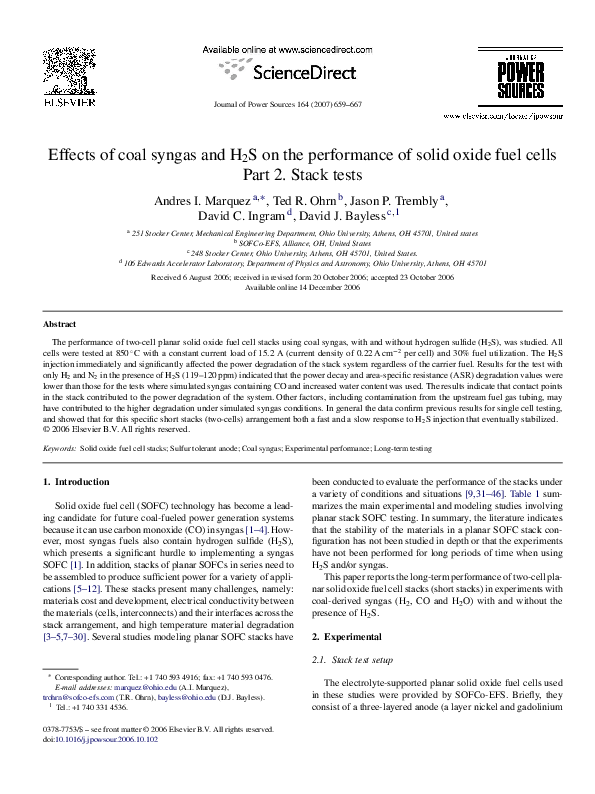 (PDF) Effects of coal syngas and H2S on the performance of solid oxide ...