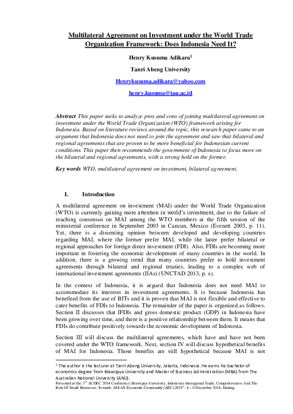(PDF) Multilateral Agreement on Investment under the World Trade ...