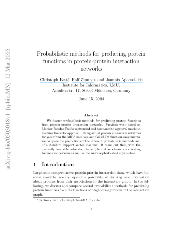 (PDF) Probabilistic methods for predicting protein functions in protein ...