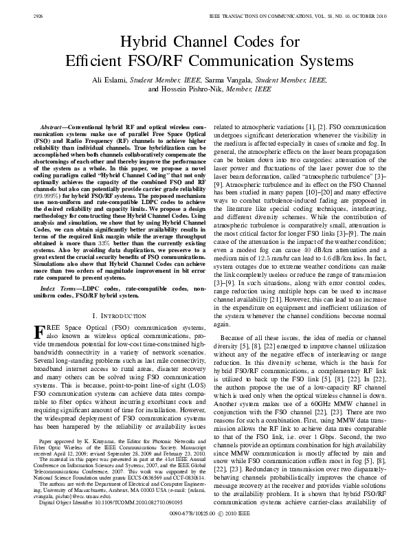 (PDF) Hybrid channel codes for efficient FSO/RF communication systems