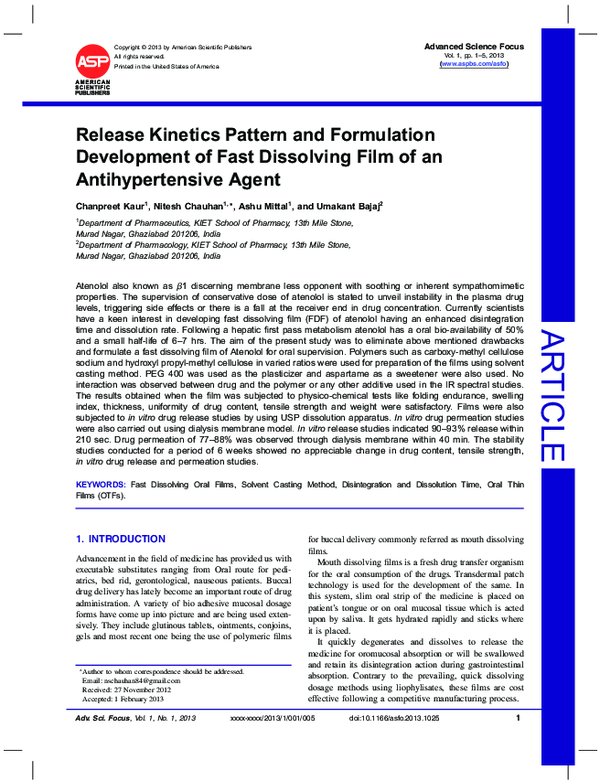 (PDF) Release Kinetics Pattern and Formulation Development of Fast ...
