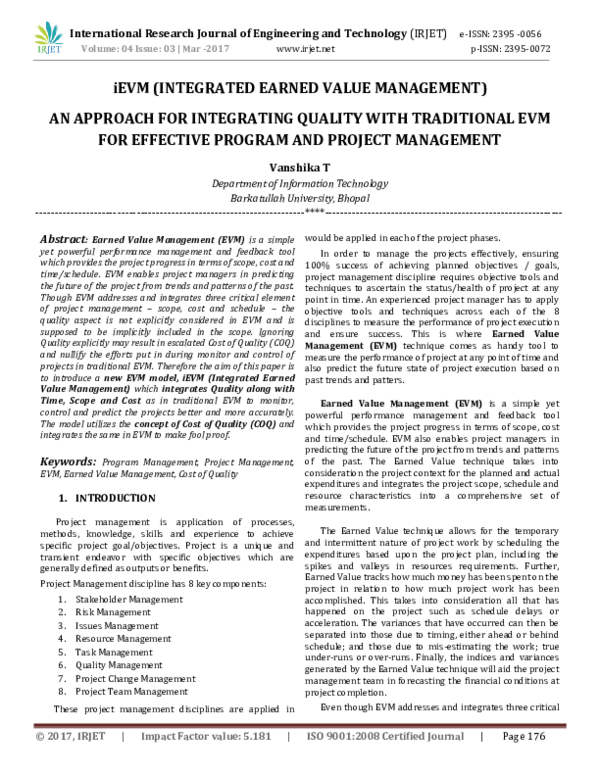 (PDF) iEVM (INTEGRATED EARNED VALUE MANAGEMENT) AN APPROACH FOR INTEGRATING QUALITY WITH ...