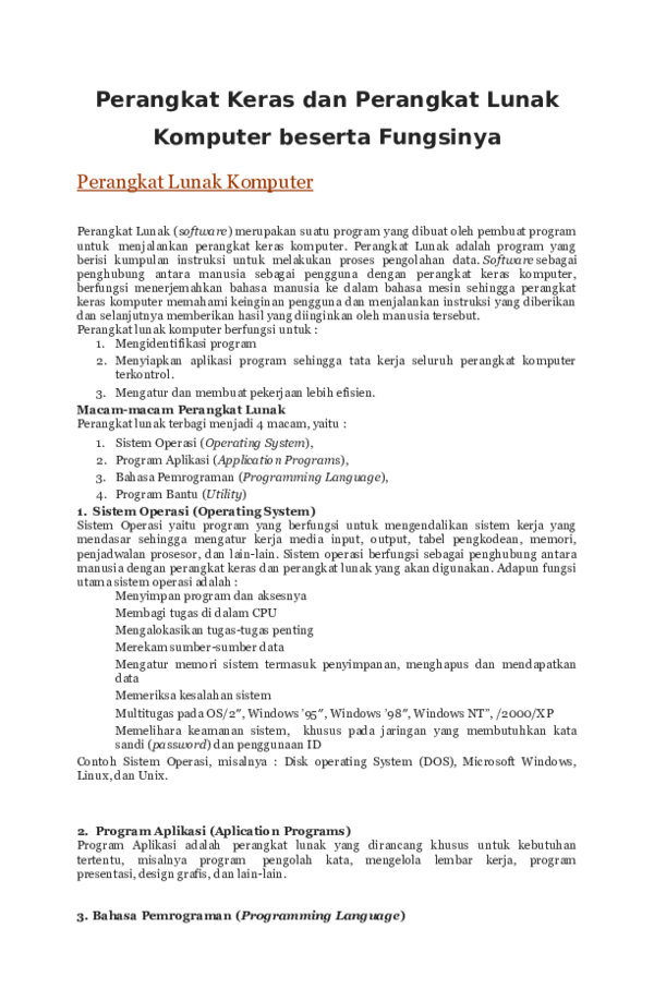 (DOC) Perangkat Keras dan Perangkat Lunak Komputer beserta Fungsinya