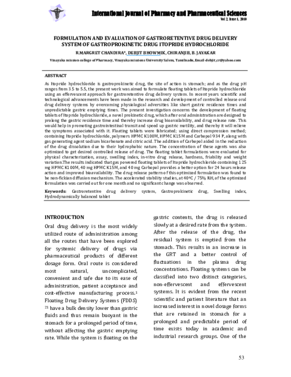 Pdf Formulation And Evaluation Of Gastroretentive Drug Delivery System Of Gastroprokinetic