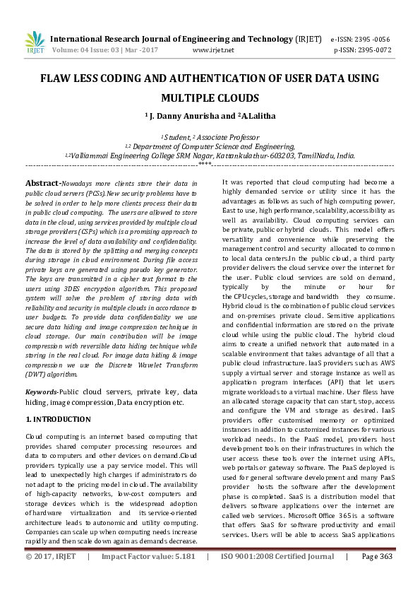 Pdf Flaw Less Coding And Authentication Of User Data Using Multiple Clouds