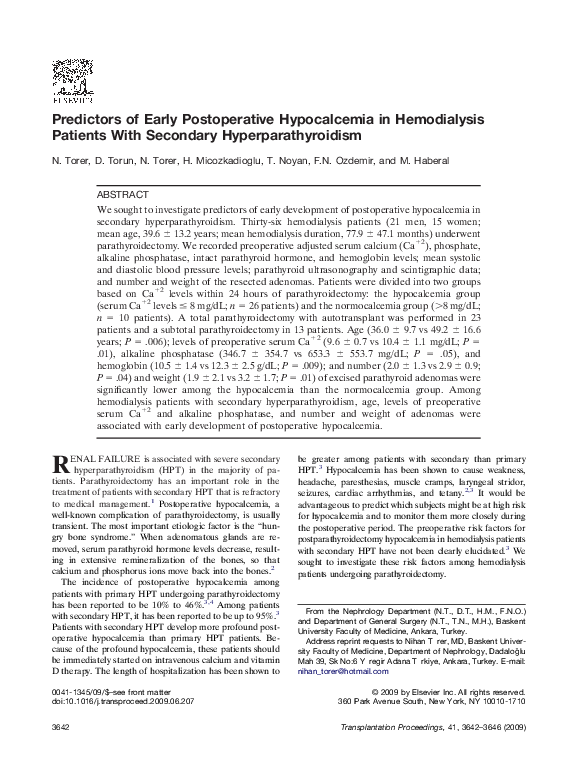 (PDF) Predictors of Early Postoperative Hypocalcemia in Hemodialysis Patients With Secondary ...