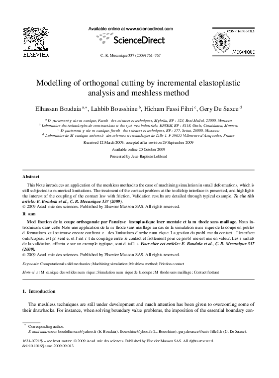 (PDF) Modelling of orthogonal cutting by incremental elastoplastic analysis and meshless method