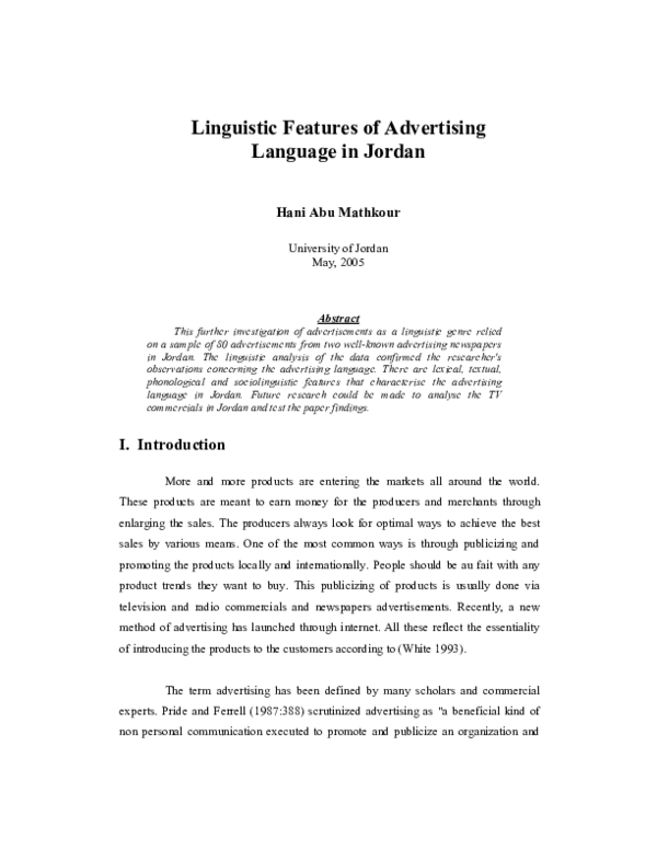 (PDF) Linguistic Features of Advertising Language in Jordan