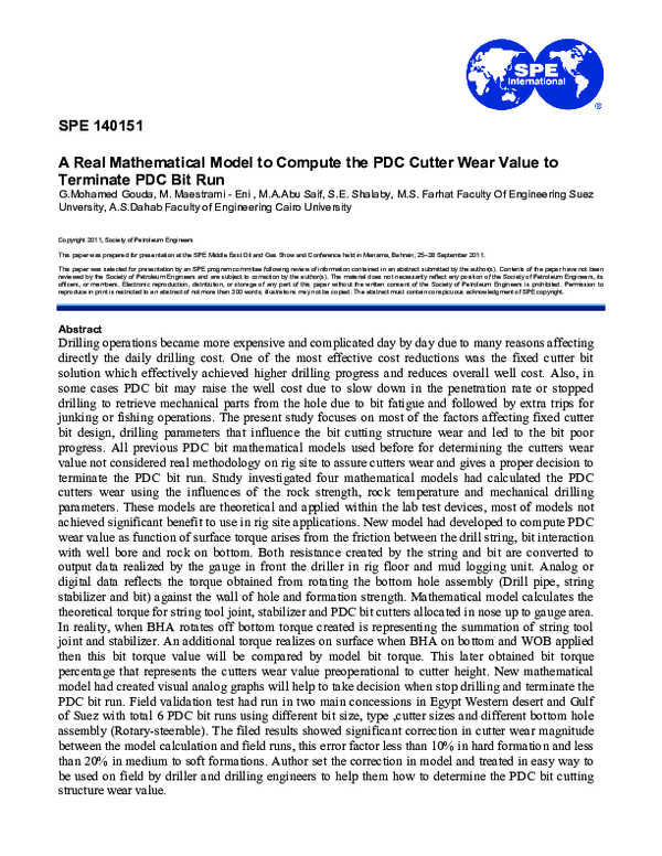 (PDF) A Mathematical Model To Compute The Pdc Cutter Wear Value To ...