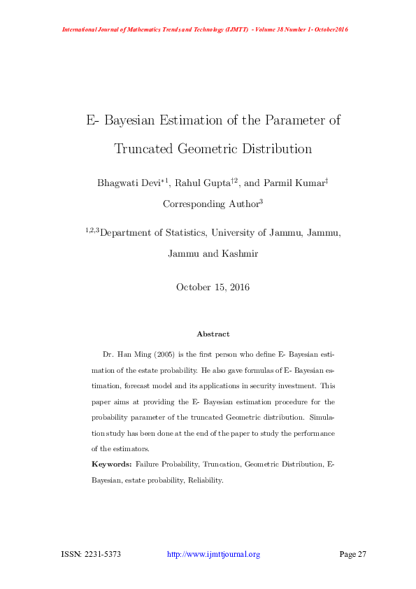 (PDF) E- Bayesian Estimation of the Parameter of truncated geometric distribution