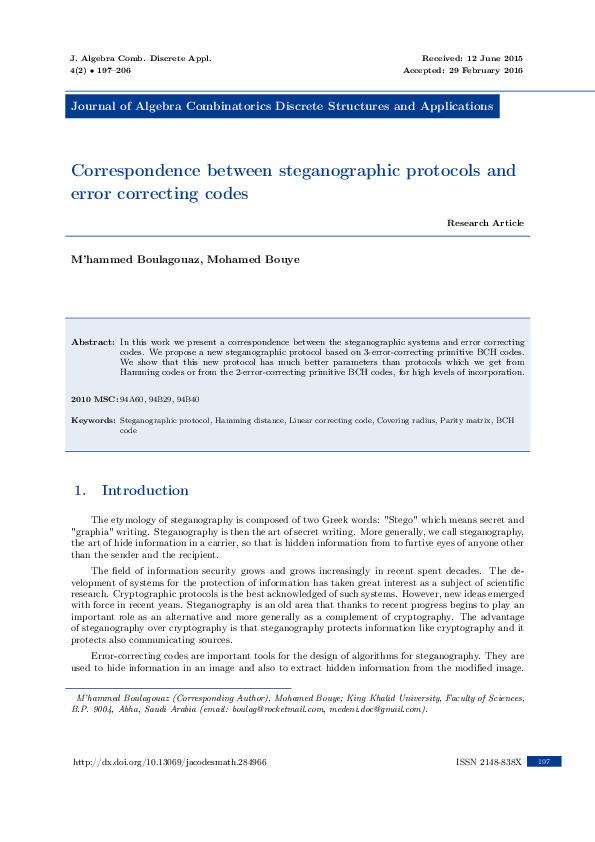 Pdf Correspondence Between Steganographic Protocols And Error Correcting Codes
