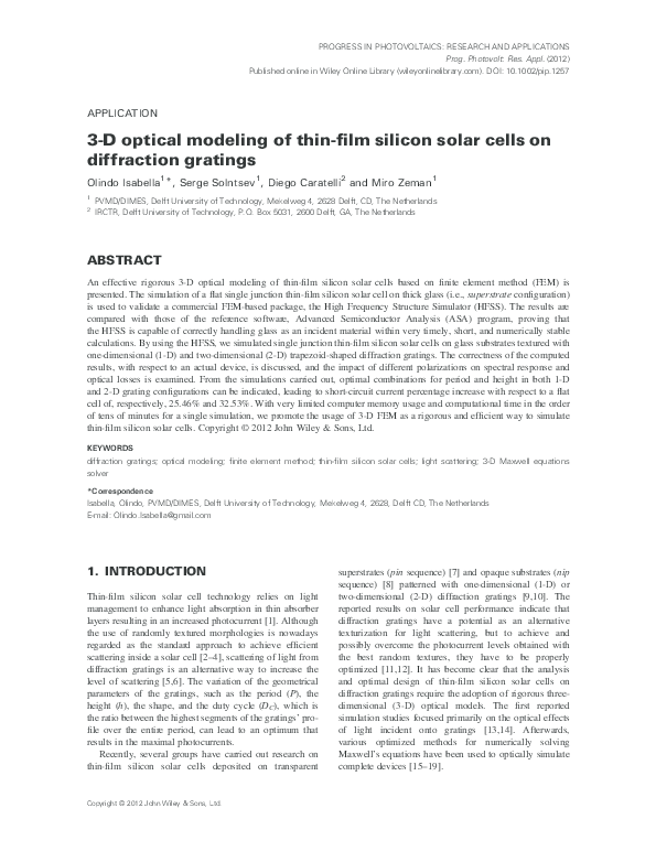 (PDF) 3-D optical modeling of thin-film silicon solar cells on ...