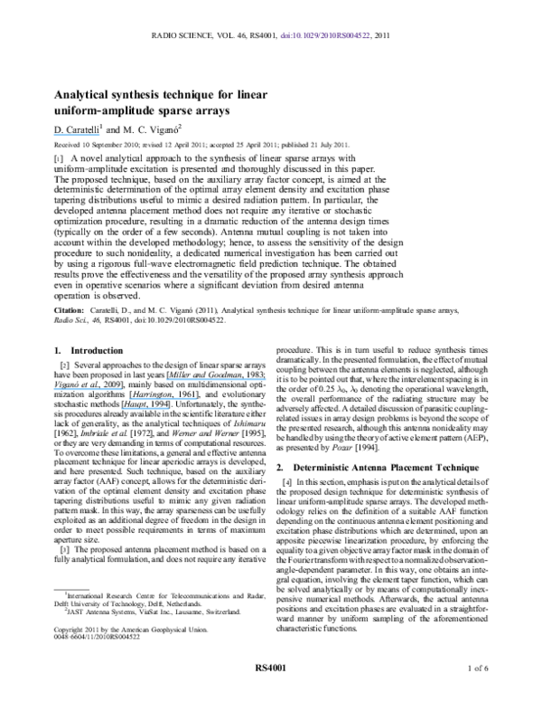 Pdf Analytical Synthesis Technique For Uniform Amplitude Linear Sparse Arrays Diego