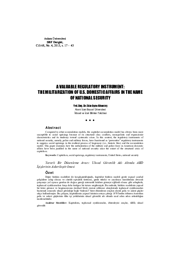 (PDF) A VALUABLE REGULATORY INSTRUMENT: THE MILITARIZATION OF U.S ...