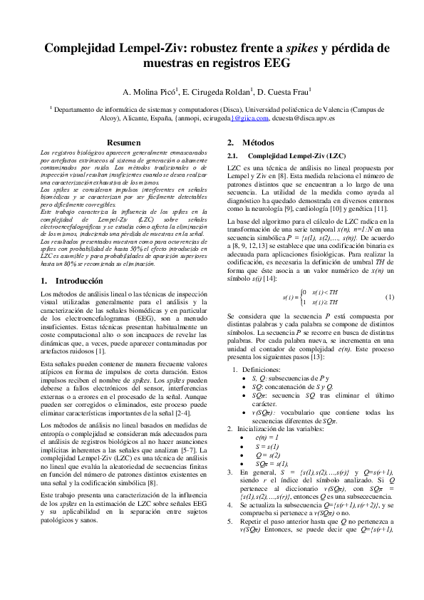 (PDF) Complejidad Lempel-Ziv: robustez frente a spikes y pérdida de muestras en registros EEG