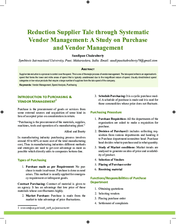 (PDF) Reduction Supplier Tale through Systematic Vendor Management: A ...
