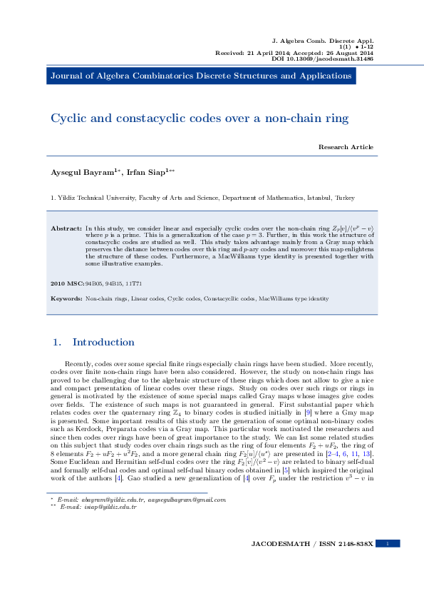 (PDF) Cyclic and constacyclic codes over a non-chain ring | Journal of Algebra Combinatorics ...