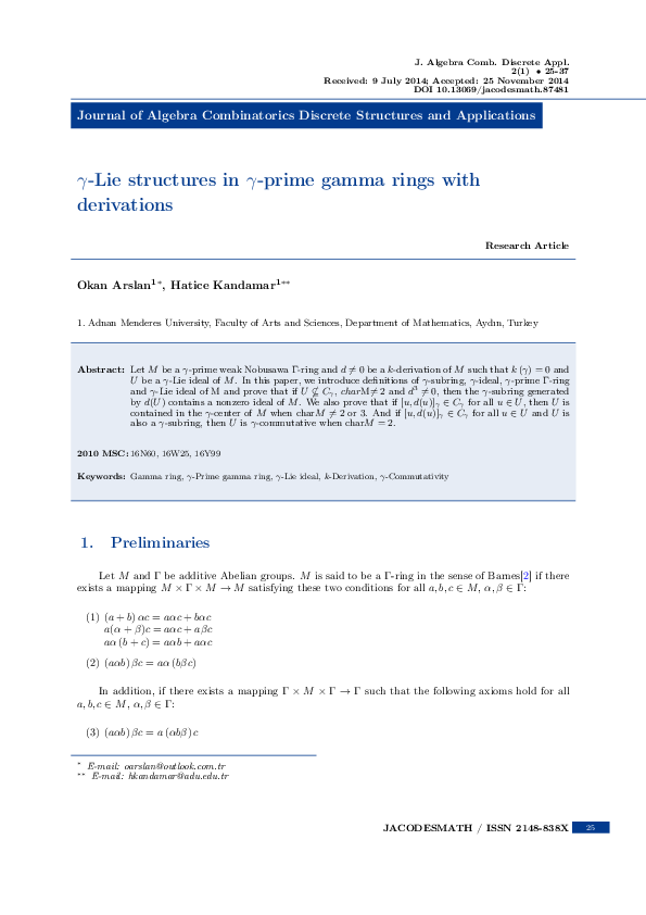 (PDF) $γ-$Lie structures in $γ-$prime gamma rings with derivations