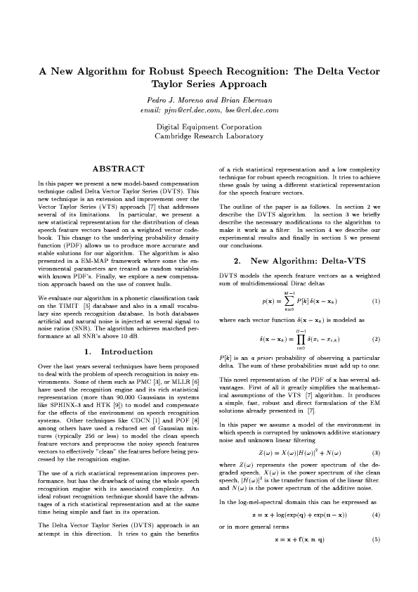 (PDF) A new algorithm for robust speech recognition: the delta vector taylor series approach