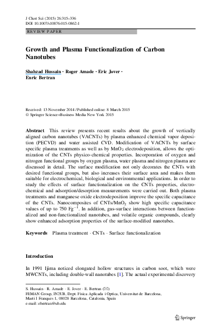 (PDF) Growth and Plasma Functionalization of Carbon Nanotubes